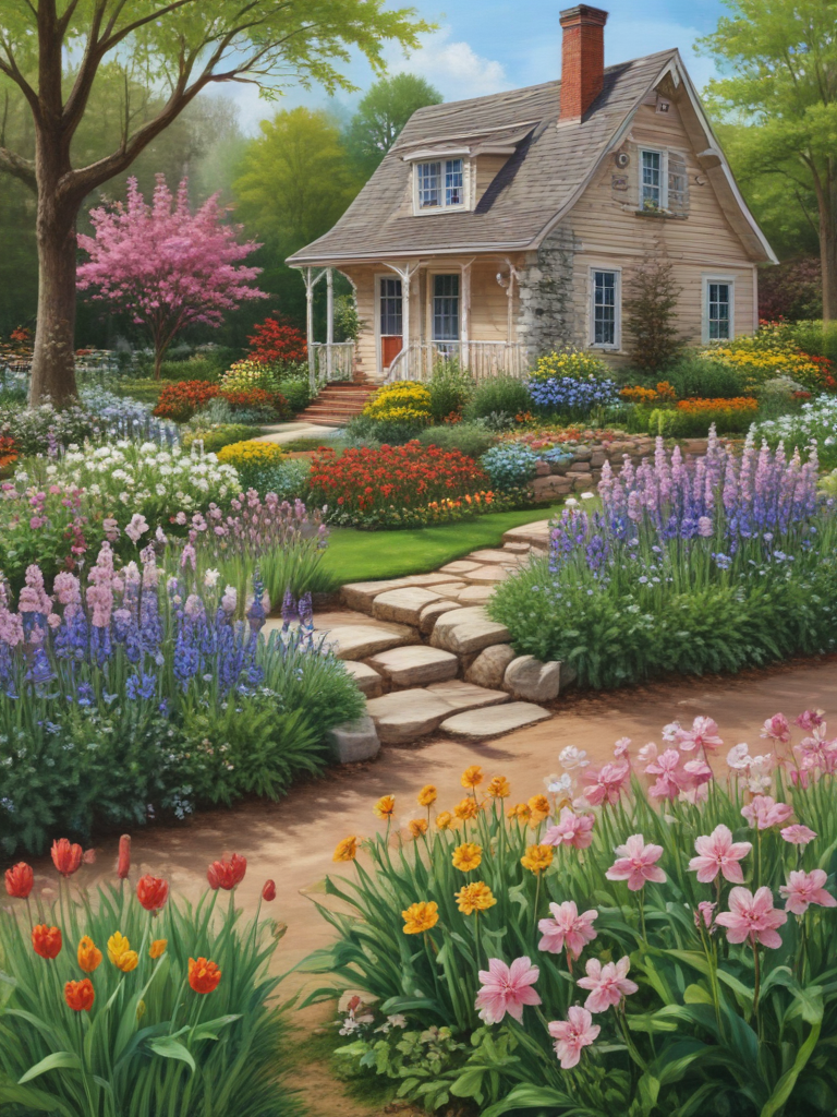 Spring garden painting. Blooming wide spring garden with cozy cottage ...