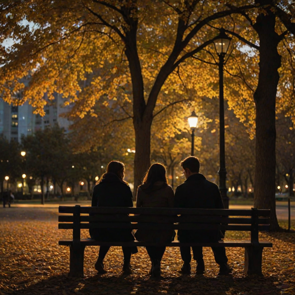 Three Friends Sitting on a Park Bench Under Glowing Autumn Trees