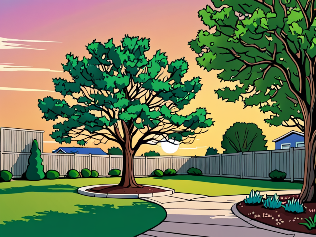 A lone tree in the center of a backyard. evening. Close view. Cartoon ...