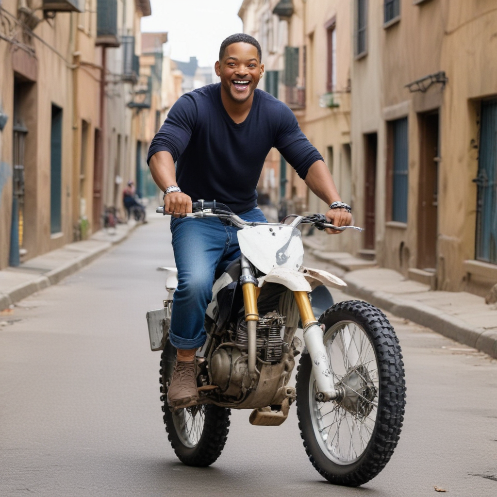 Will Smith is so happy because he is riding a dirt bike on the streets