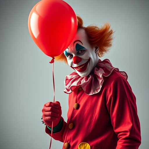 A Colorful Clown Holding a Bright Red Balloon with a Cheerful Smile