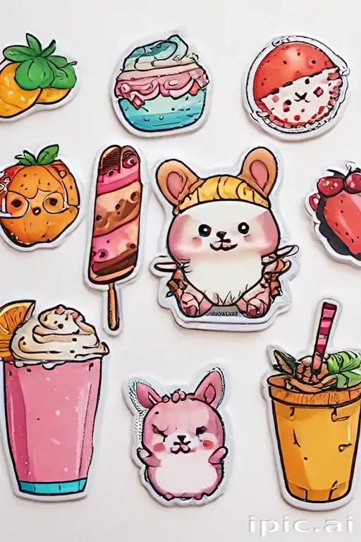 Colorful and Cute Stickers Featuring Adorable Animals and Delicious Treats