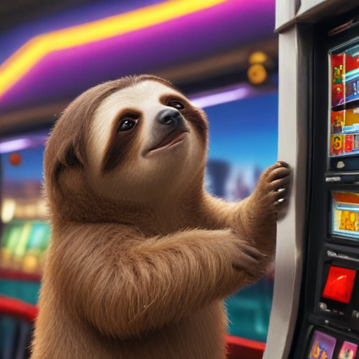 a cartoon sloth playfully hanging on the lever of a slot machine