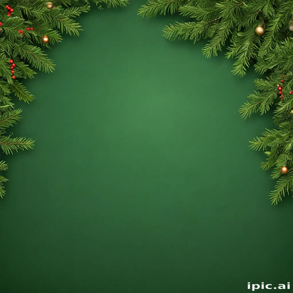 Festive Green Background Framed by Christmas Tree Branches and Ornaments