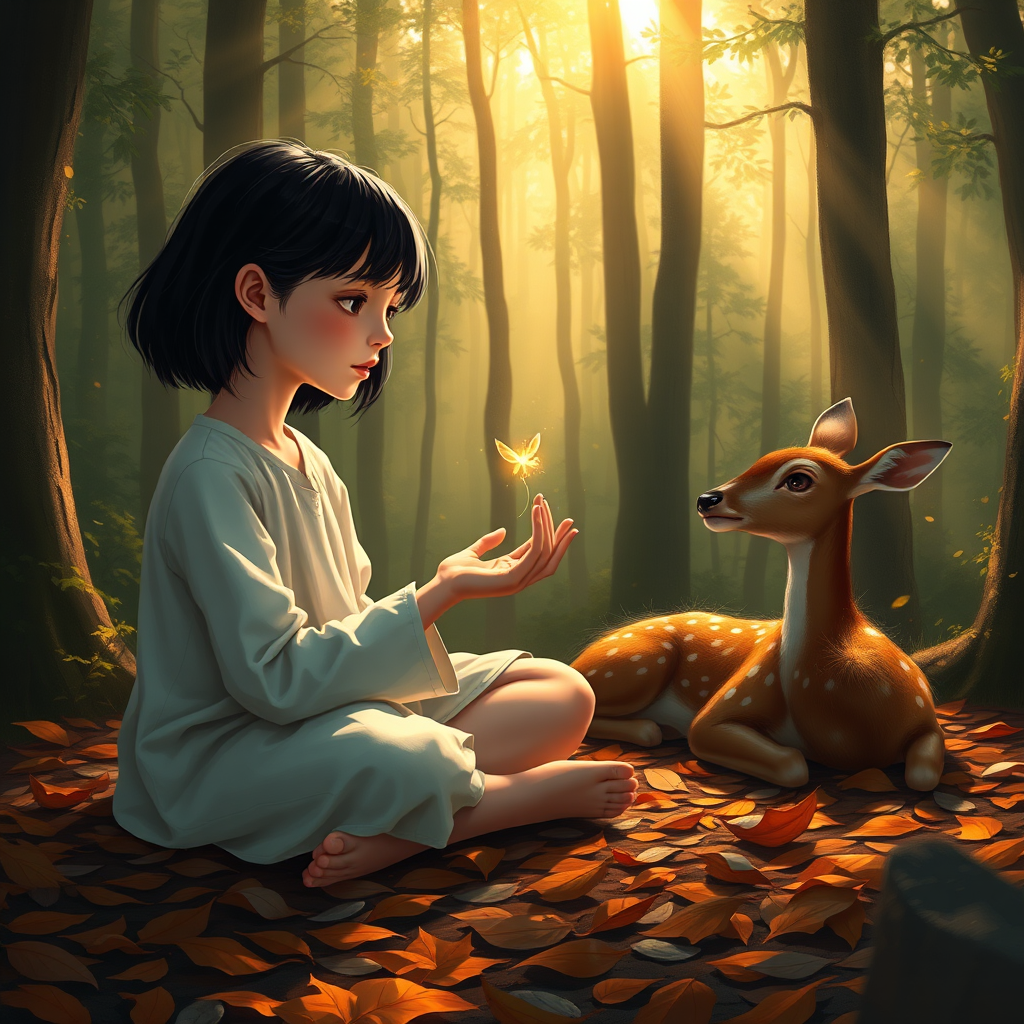 A Serene Moment: A Young Girl and a Curious Fawn in Nature