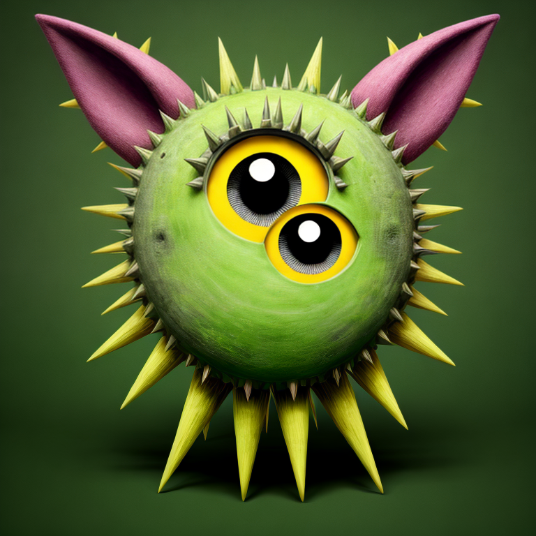 A green ugly monster with 4 ears, one eye, spiky yellow hair and a big ...