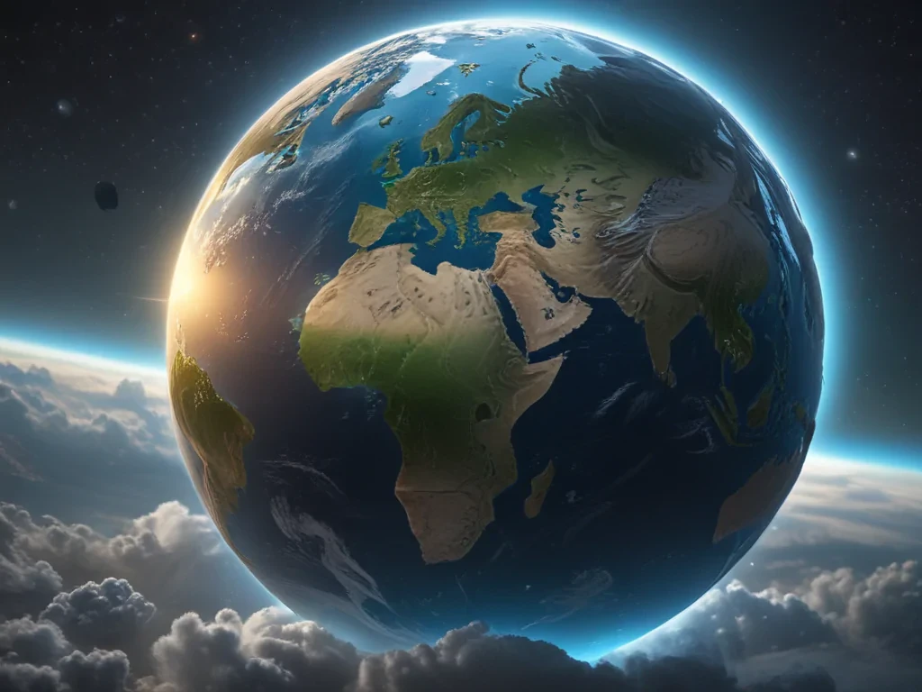 Stunning View of Earth from Space with Clouds and Sunlight Glimmering