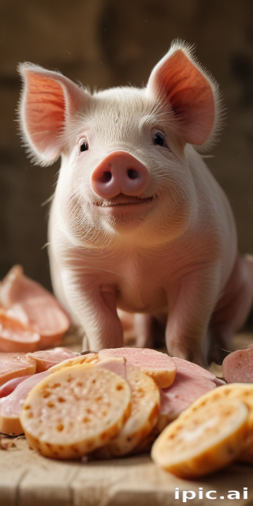 Content Pig Smiling Amidst Slices of Meat on a Rustic Table