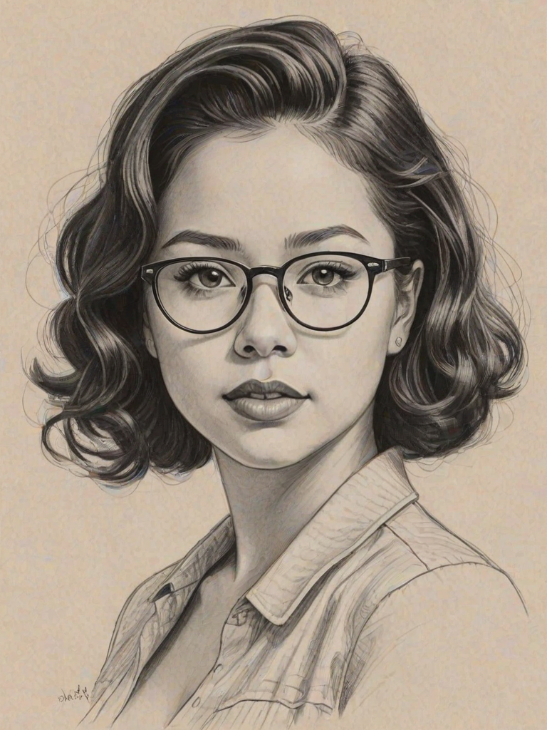 A Realistic Portrait of a Young Woman with Curly Hair and Glasses