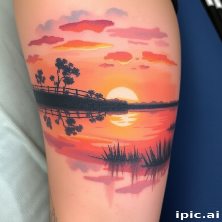 Vibrant Sunset Tattoo Featuring a Serene Landscape and Reflective Water ...