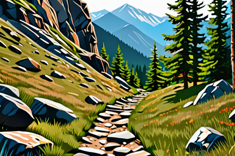 a rocky path in the mountains drawn in a digital artstyle