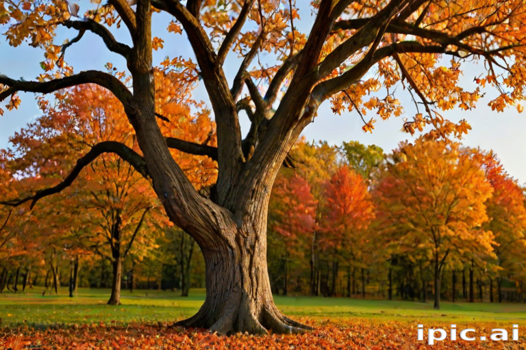 Majestic Autumn Tree Surrounded by Vibrant Fall Foliage and Colors