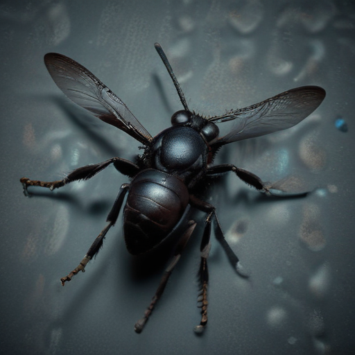 Close-Up View of a Black Insect on a Droplet-Covered Surface