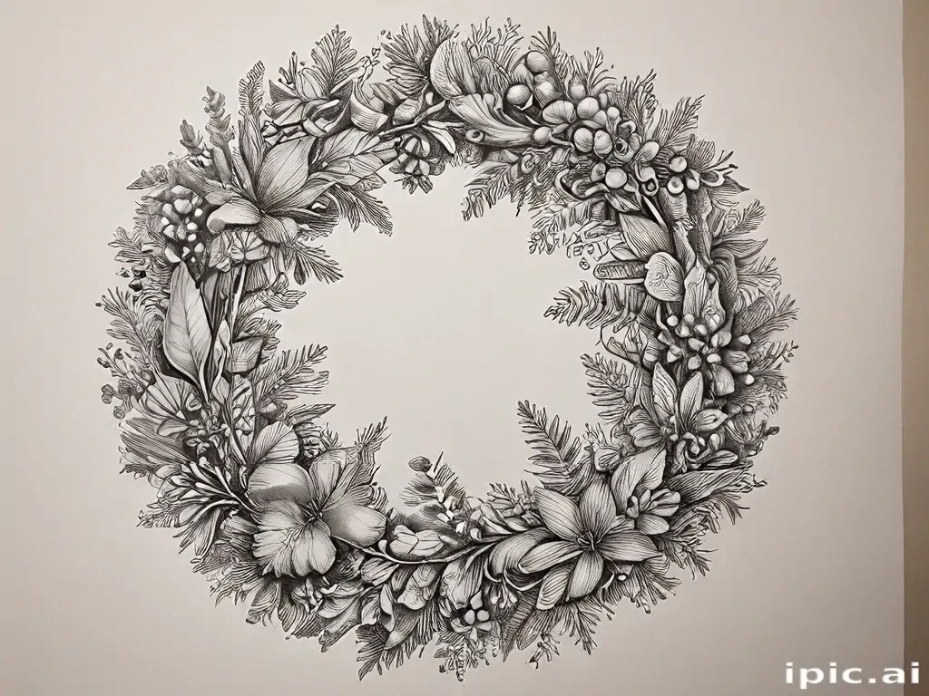 Intricate Floral Wreath Design Featuring Various Botanical Elements and ...