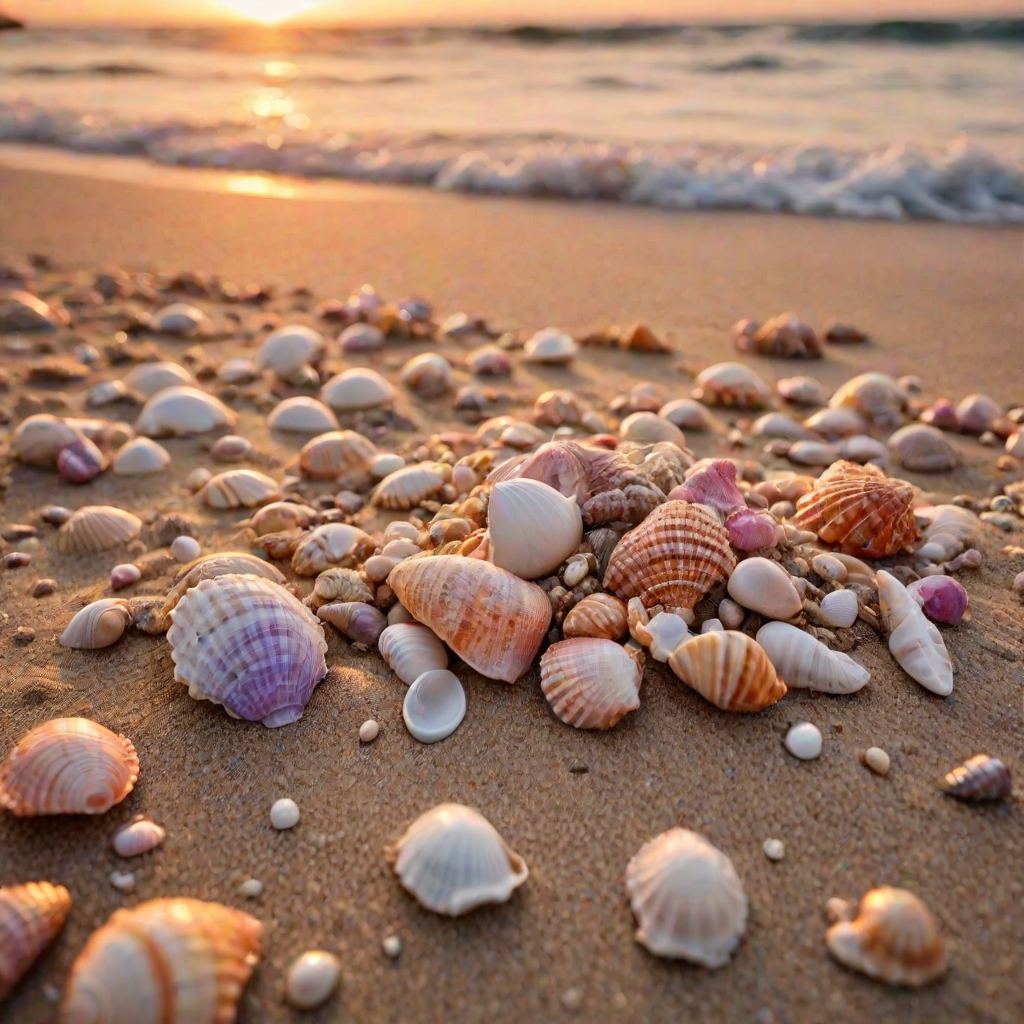 A Beautiful Collection of Colorful Seashells on the Sandy Beach Shoreline.