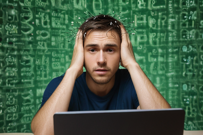 A man staring with frustration at a computer screen. Matrices of green ...