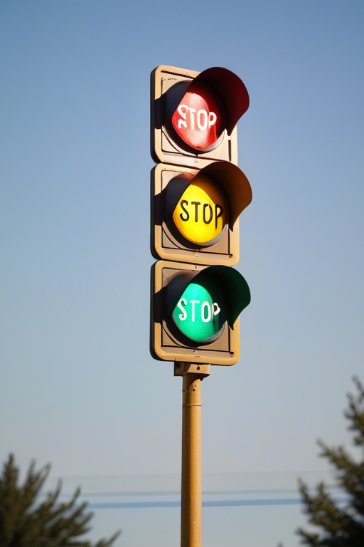 Traffic Light Displaying Red, Yellow, and Green Signals Against Clear Sky