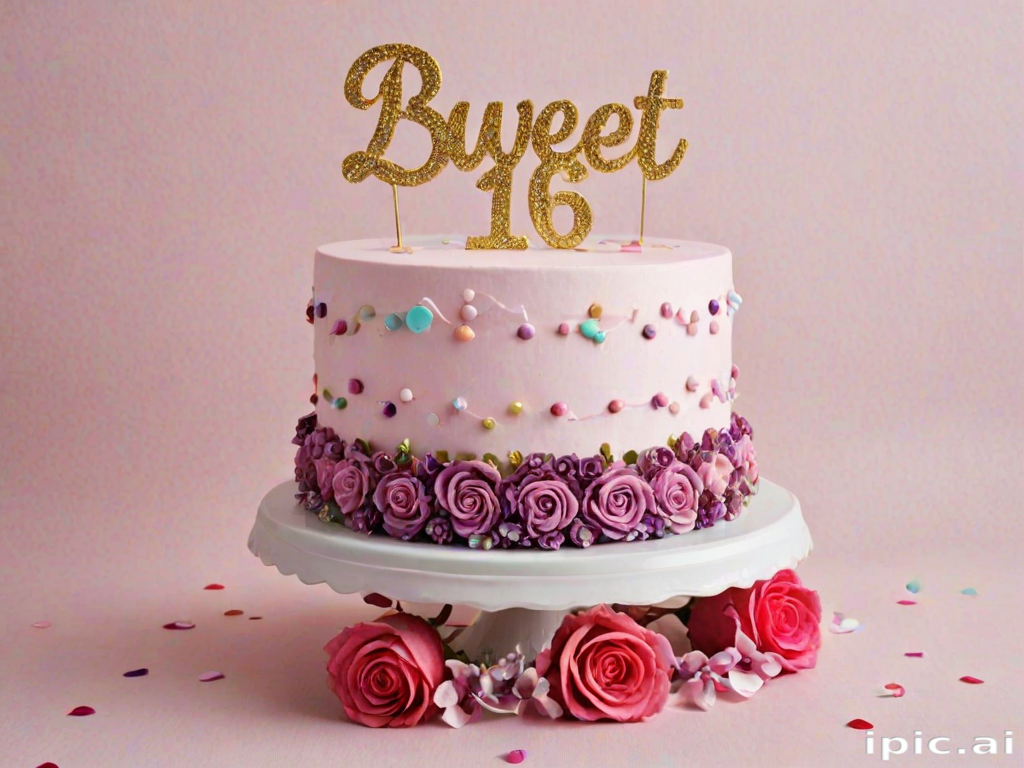 Beautifully Decorated Sweet 16 Cake with Elegant Floral Accents and Toppers