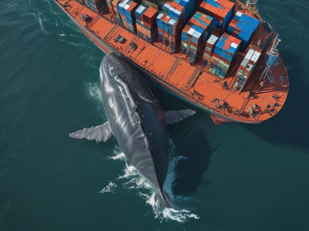 realistic very very giant whale, whale as big as a ship, swimming side ...