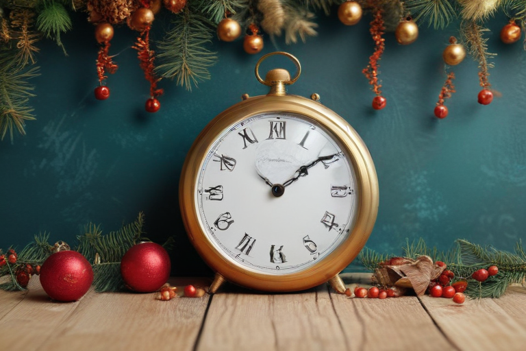 Festive Vintage Clock Surrounded by Holiday Decorations and Ornaments