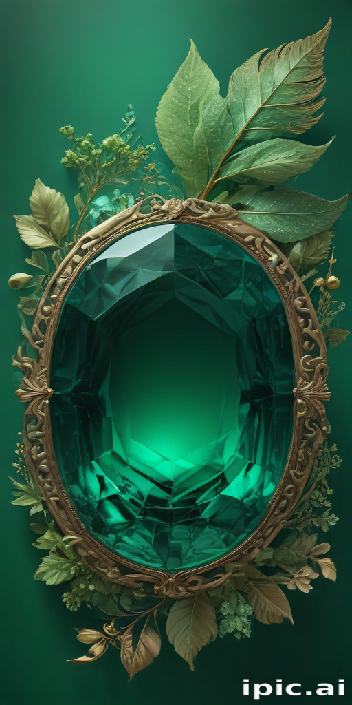 Radiant Emerald Gem Encased in Ornate Frame Surrounded by Lush Greenery