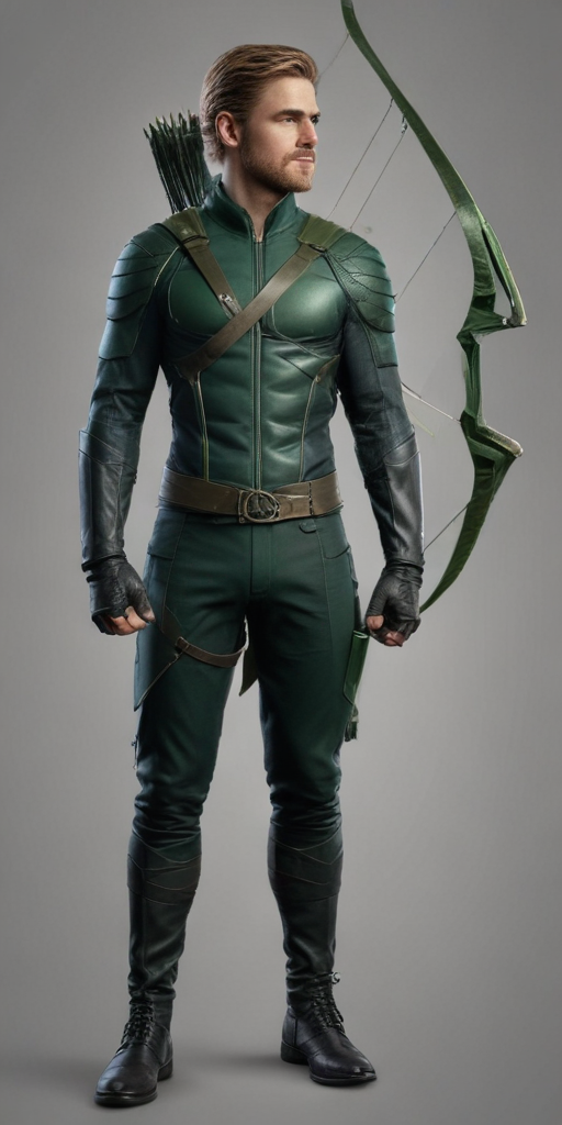 Heroic Archer in Green Costume Ready for Action with Bow and Arrow