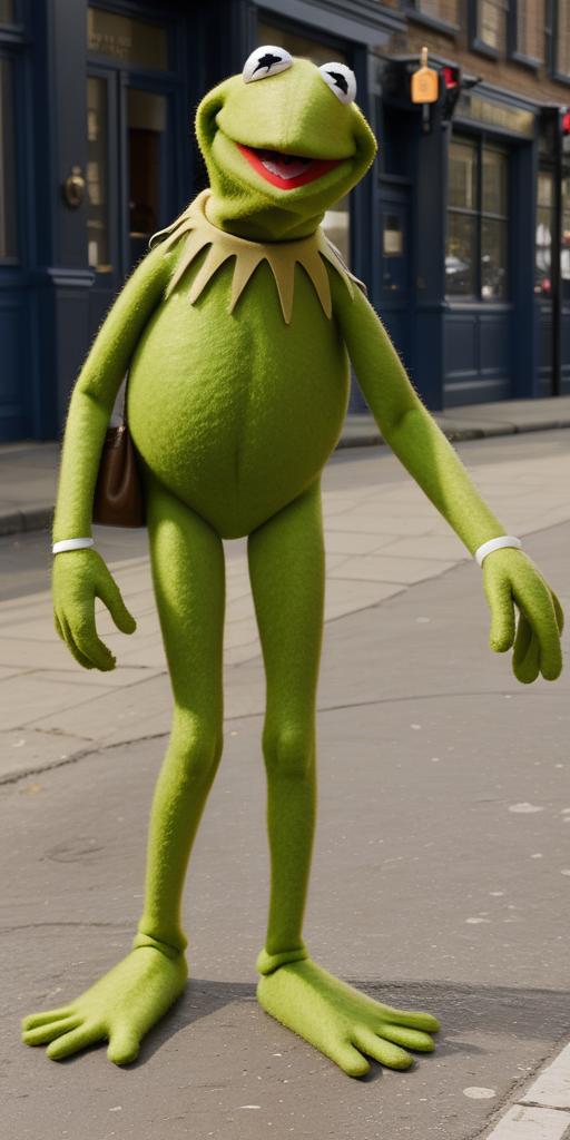 Kermit the Frog Cheerfully Stands on a City Street, Ready for Adventure.
