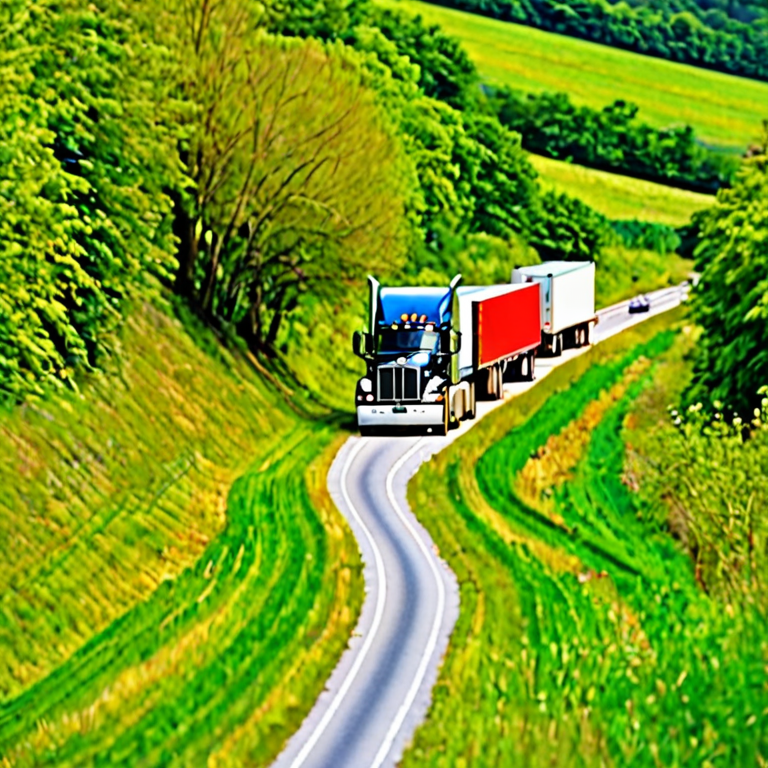 beautiful country scene with a tractor trailer on the highway