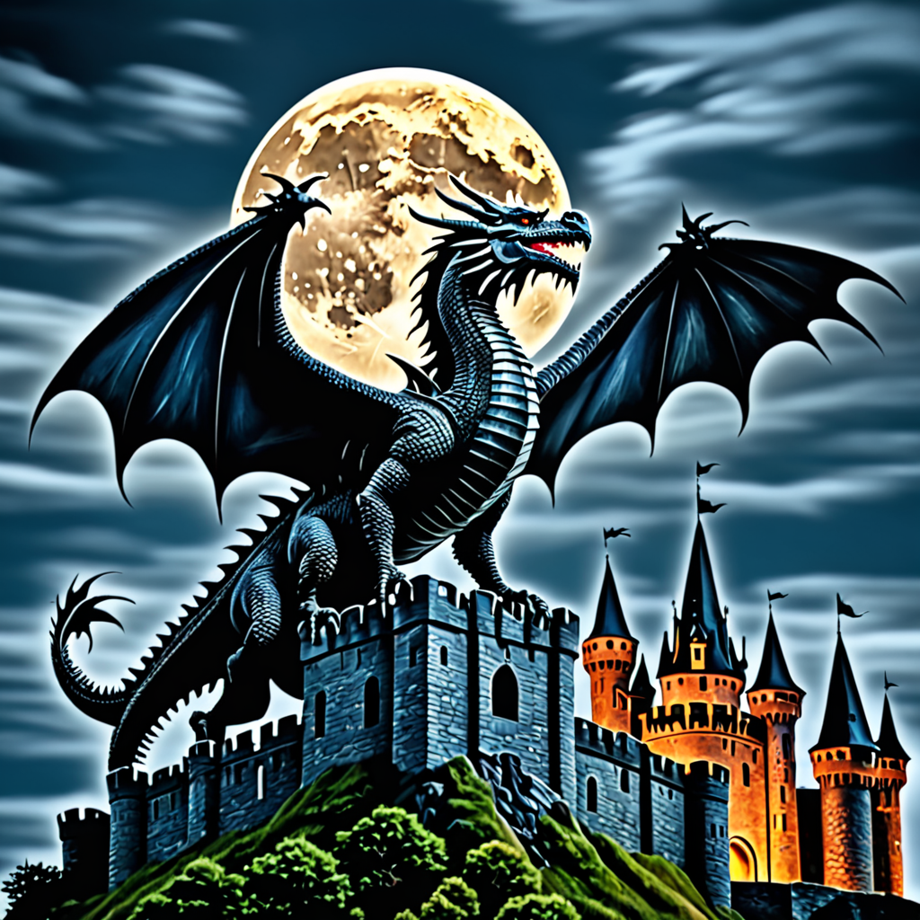 dragon infront of spooky castle with knight on horse with sword and ...