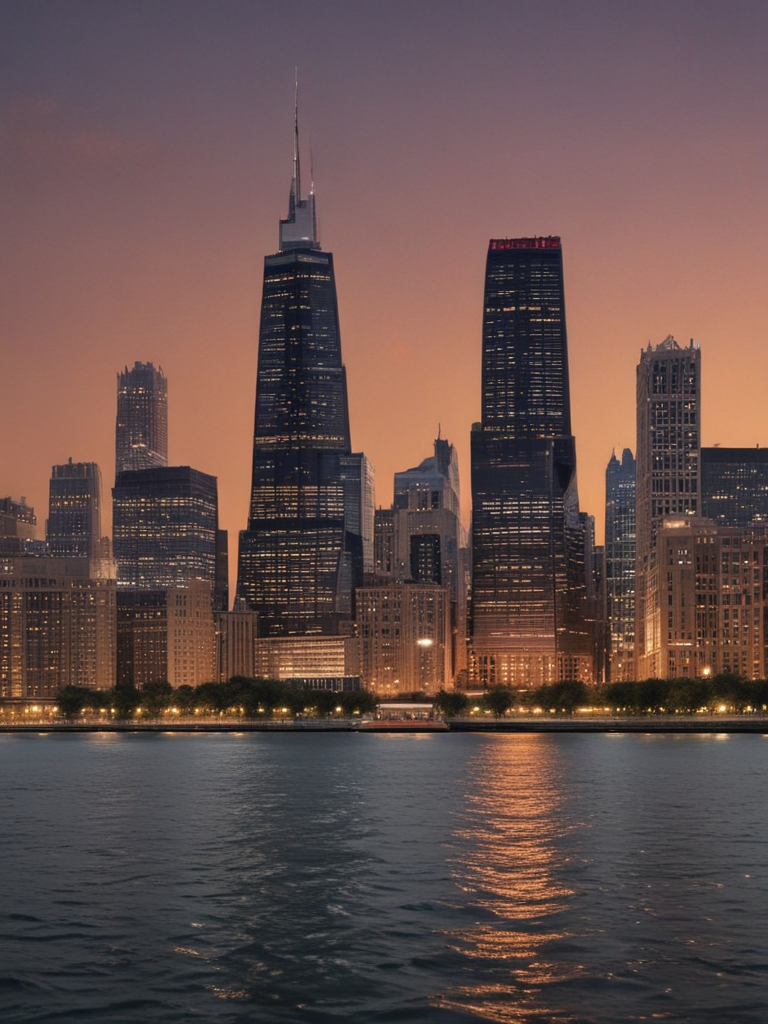 Stunning Sunset Over Chicago's Iconic Skyline Reflected in Serene Waters