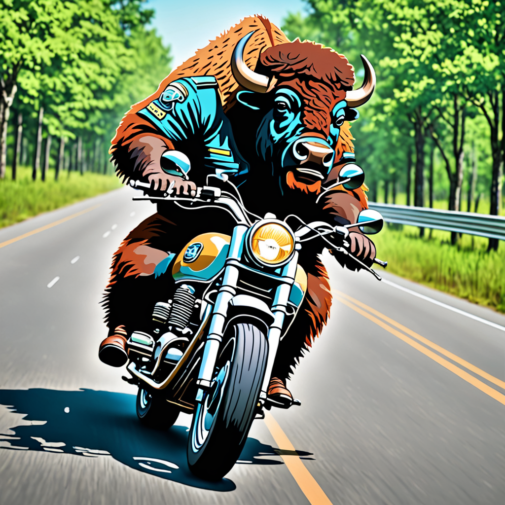 cartoon bison riding away on a motorcycle