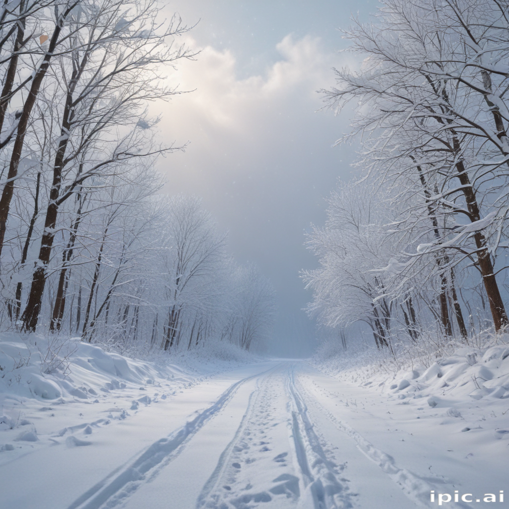 Peaceful Winter Scene with Snow-Covered Trees and Tranquil Pathway Ahead