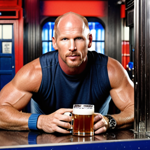 Steve Austin in the Tardis drinking a beer