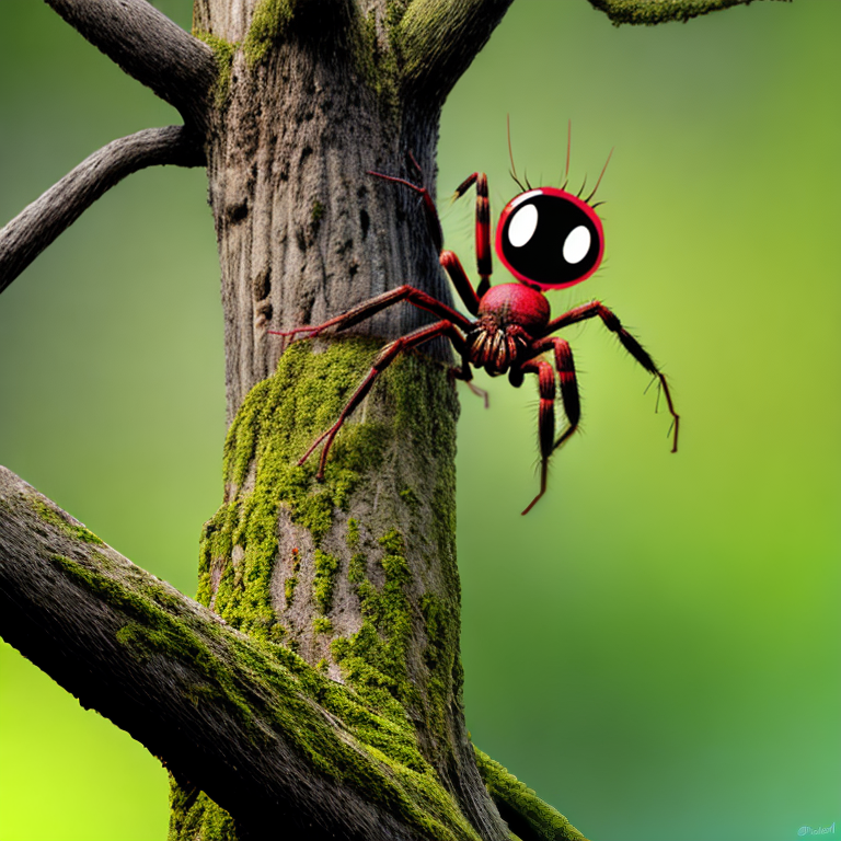 colored spider crawling up a tree, cartoon style