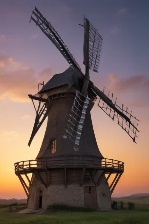 Serene Sunset Behind a Majestic Historic Windmill in a Tranquil Landscape