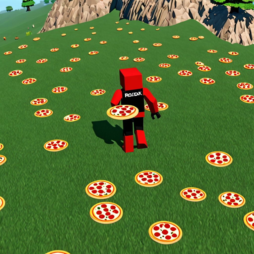 roblox character standing on hill looking at a roblox world full off pizzas
