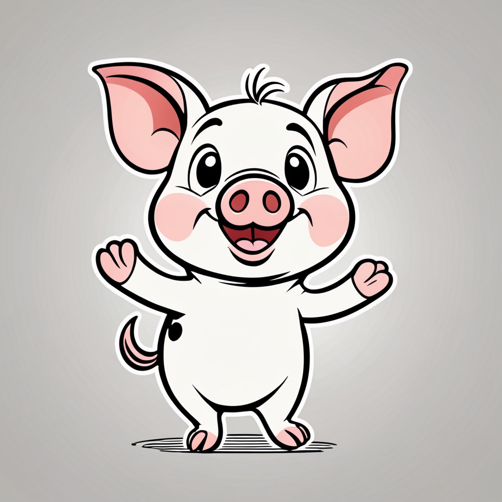 simple line drawing of cartoon Pixar style happy, excited piglet low ...