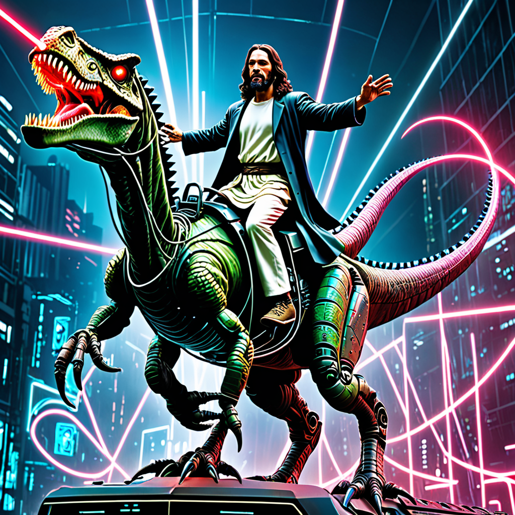 Hyper realistic photo album photo of a crazy evil jesus riding a ...