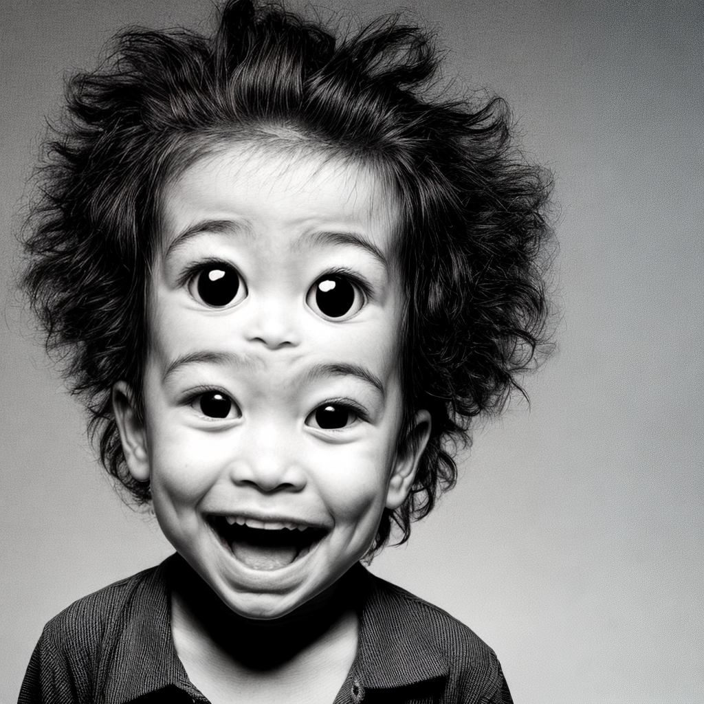horror distorded kid face black and white