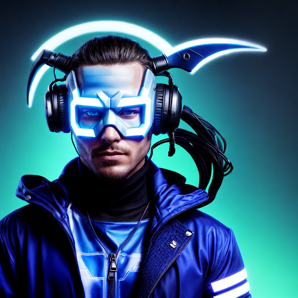 cyberpunk dj with goat mask/helmet, white cyan, profile pic