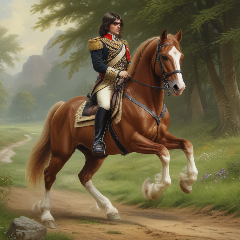 Regal Horseman in Historical Attire Riding Majestically Through a Lush ...