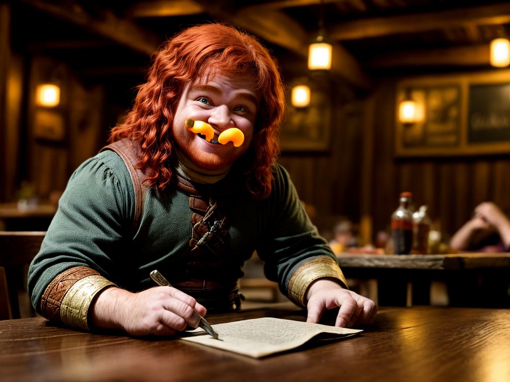 a qdulty red-haired halfling bard sitting at a table in a full medieval ...