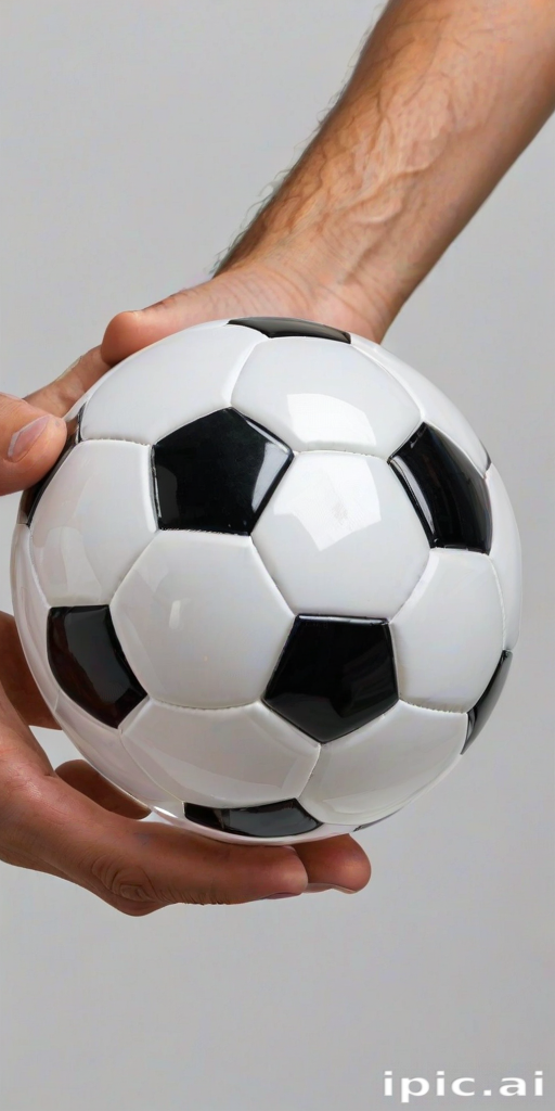 Close-Up of a Hand Holding a Classic Black and White Soccer Ball.