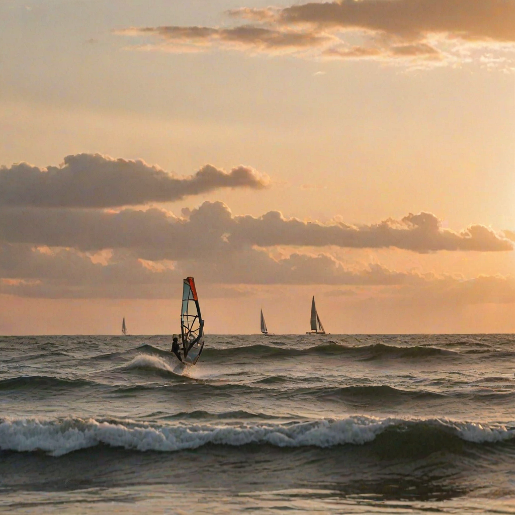 Sunset Windsurfing Adventure Amidst Calm Waves and Distant Sailboats