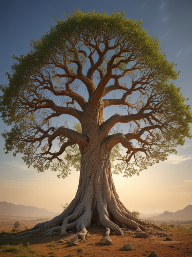 A Majestic Ancient Tree Stands Tall Against a Serene Landscape at Dusk.
