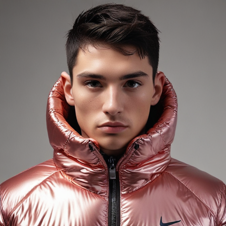male supermodel nike shiny super puffer jacket bling jewellery hood ...