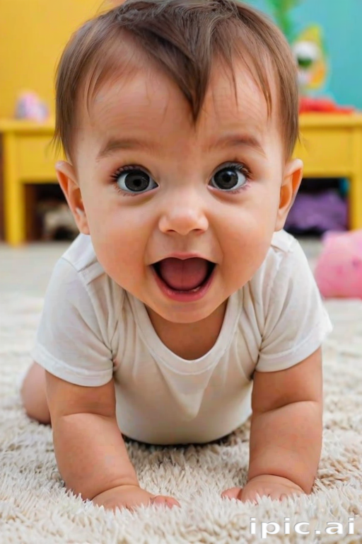 Adorable Baby with Excited Expression Crawling on Soft Carpet Floor
