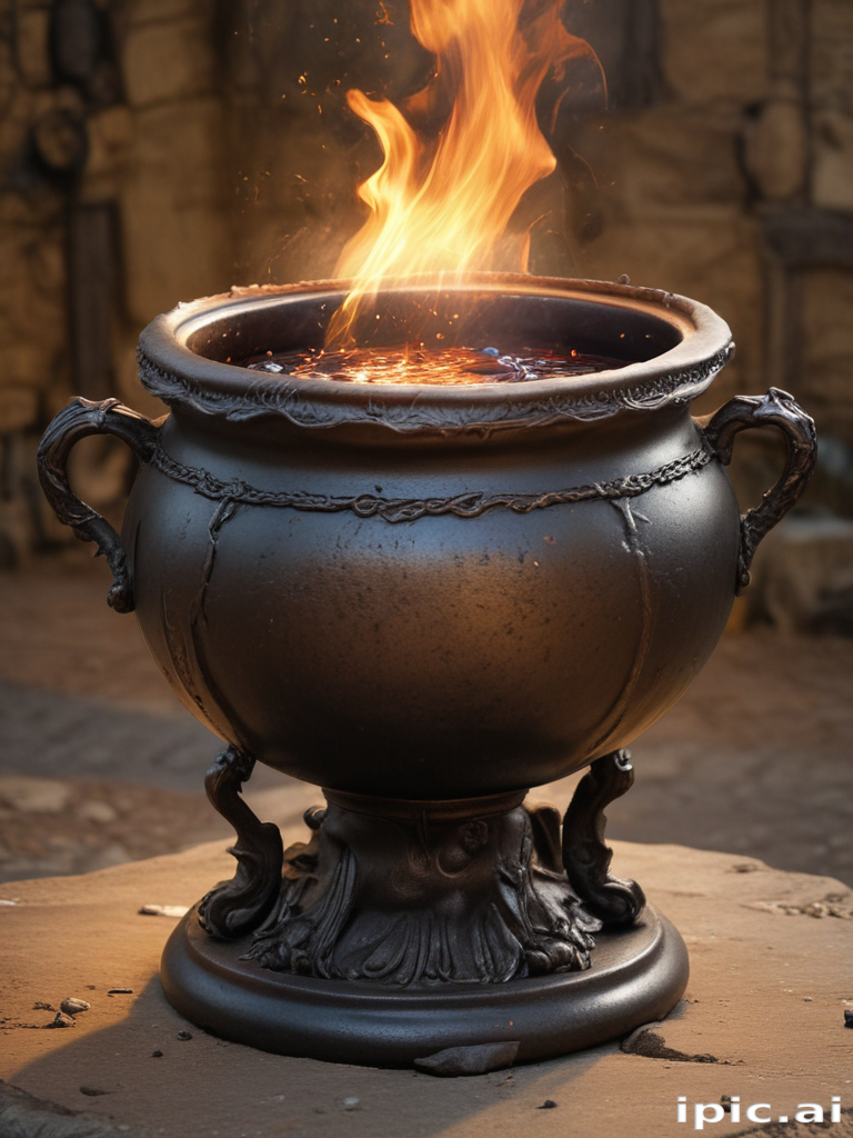 Majestic Black Cauldron with Fiery Flames Dancing in the Night