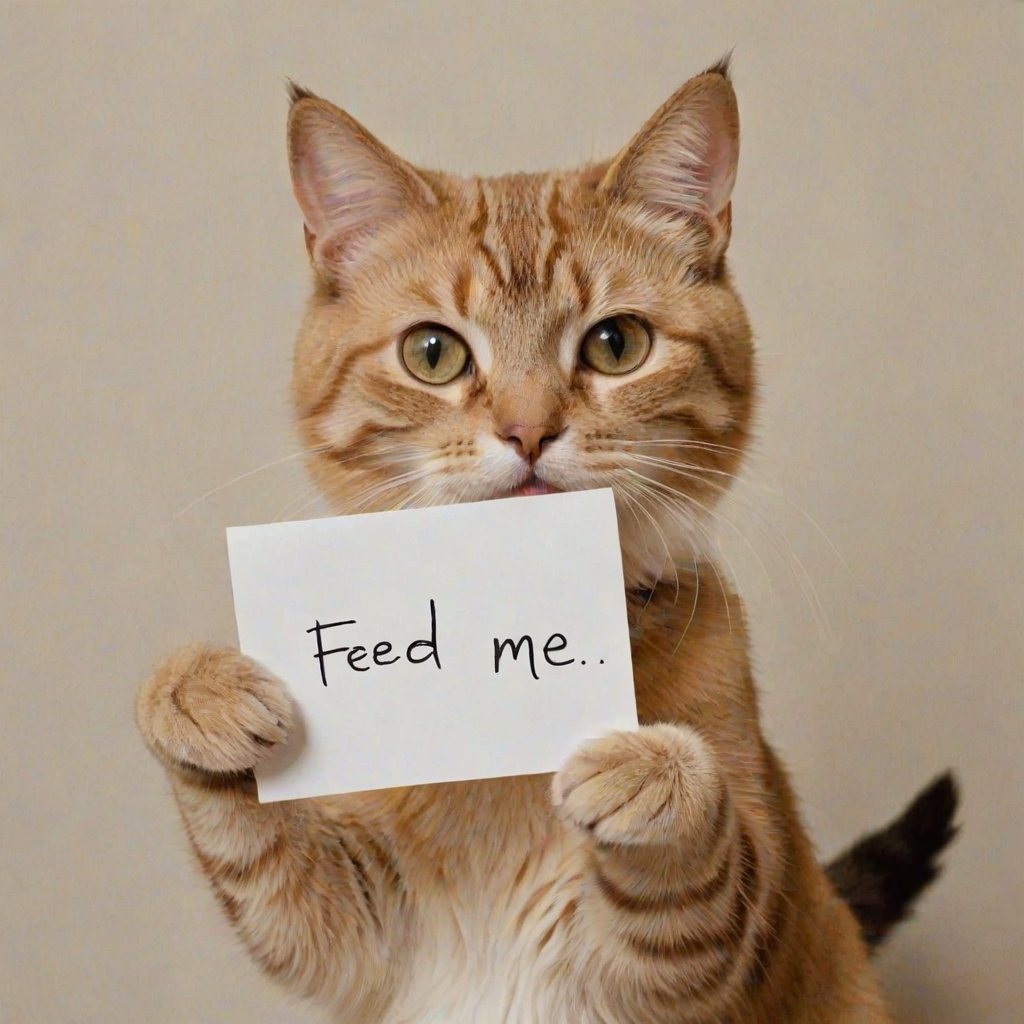 Adorable Cat Holding Sign Asking for Food with Big, Cute Eyes