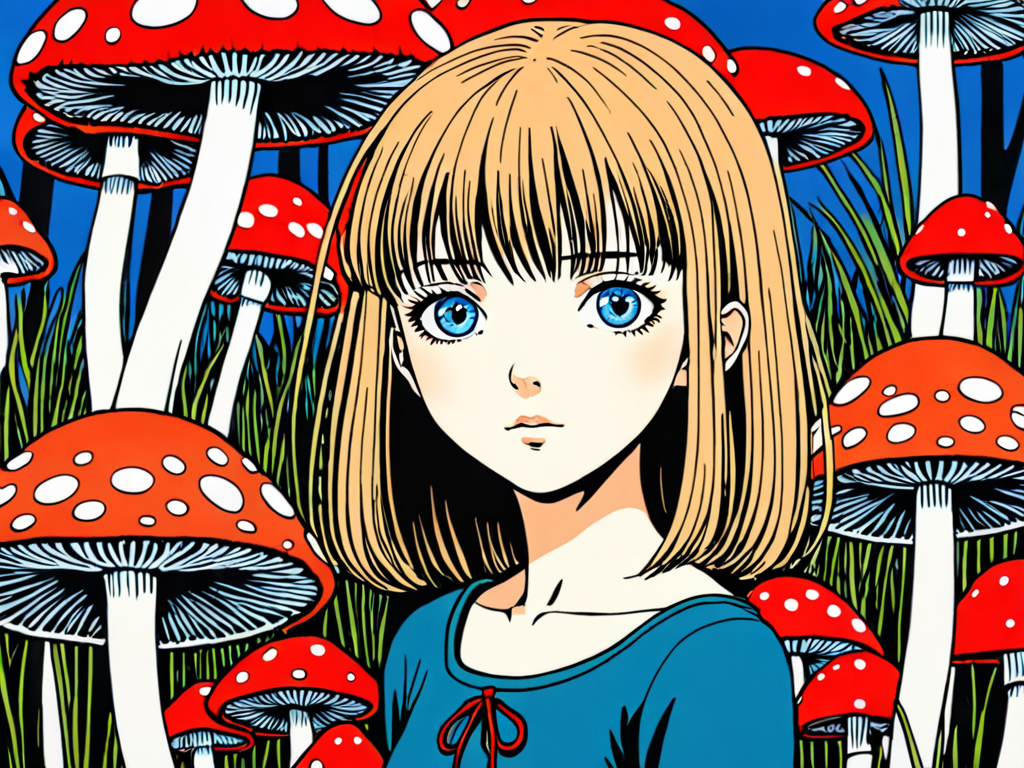 psychedelic ghibli, trippy girl, anime, manga, murshrooms, lain, cute ...